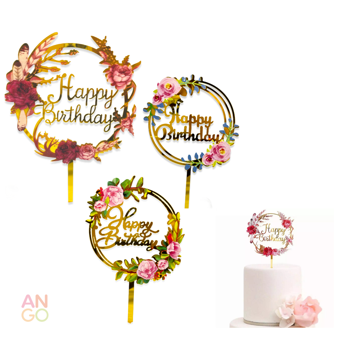 Topper Torta Floral Happy Birthday – Ango